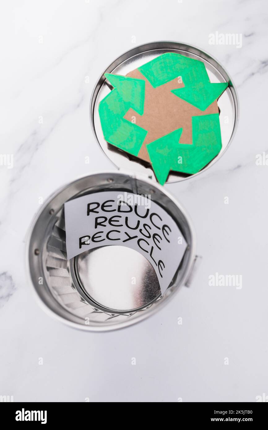 reduce reuse recycle sign with mini trash can and recycle icon, concept ...
