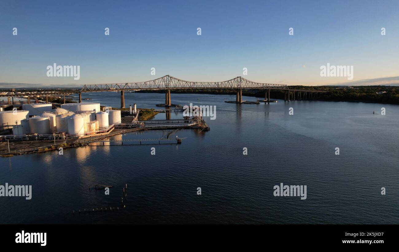 Aerial view of the Arthur Kill in the morning with the Outerbridge ...