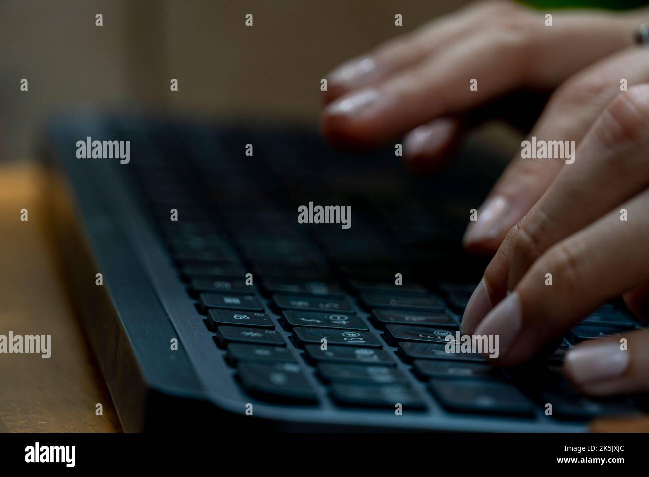 Working at home with laptop woman writing a blog. Female hands on the ...