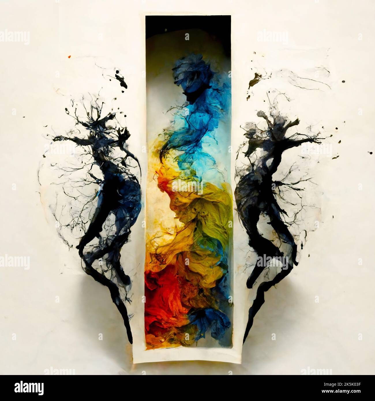 A sequence of ink blot art images based on color, a central shape and two figures balancing the ...