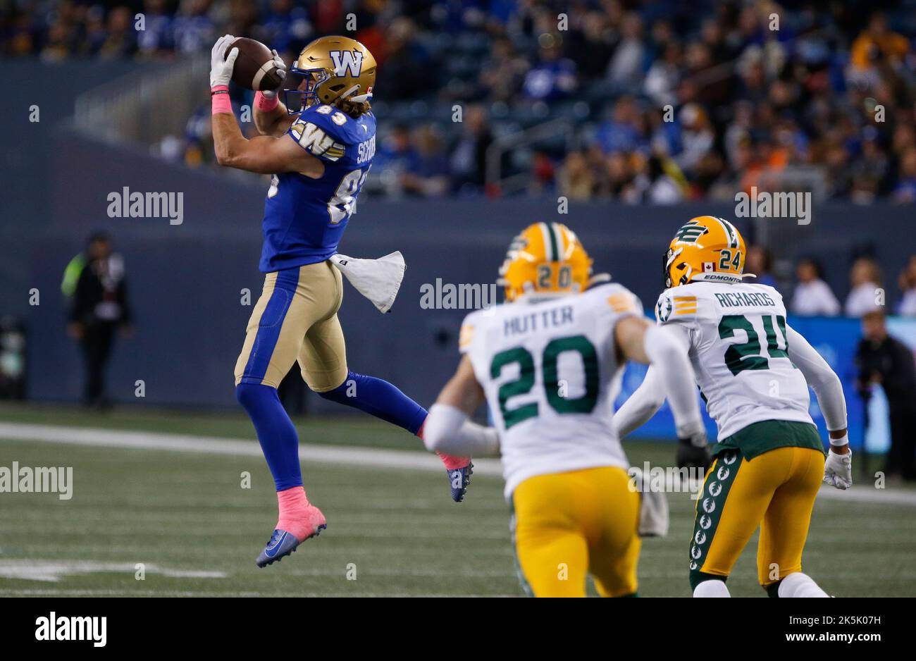 Winnipeg Blue Bombers' Dalton Schoen (83) catches the pass as Edmonton ...