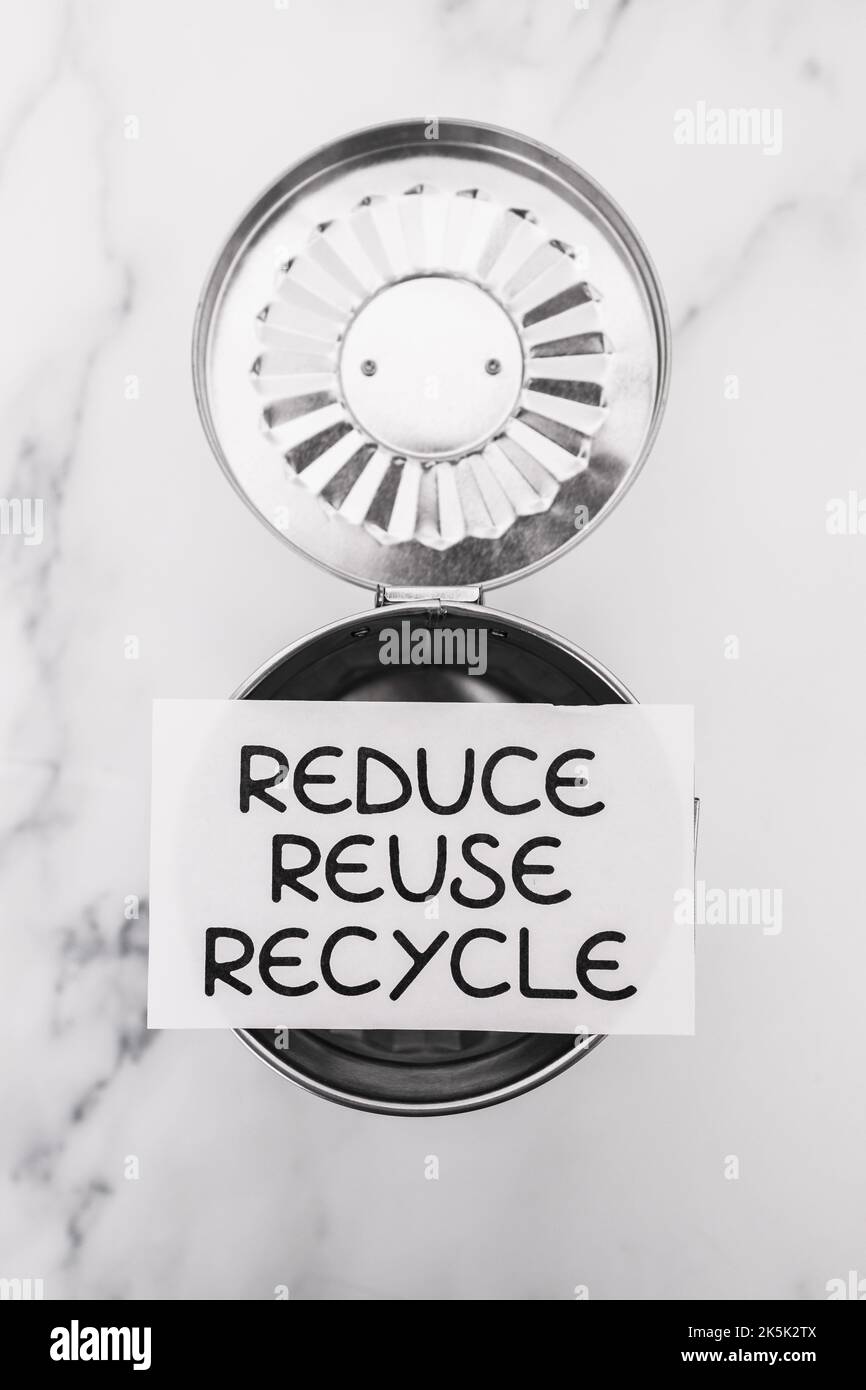 reduce reuse recycle sign with mini trash can, concept of ...