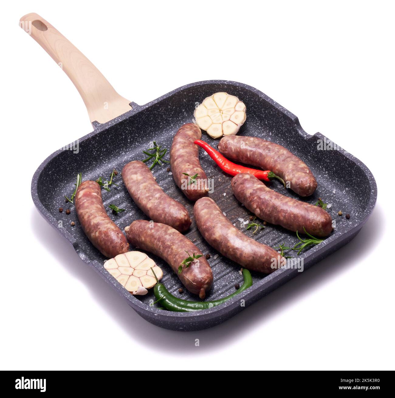Frying pan sausages on Cut Out Stock Images & Pictures - Alamy