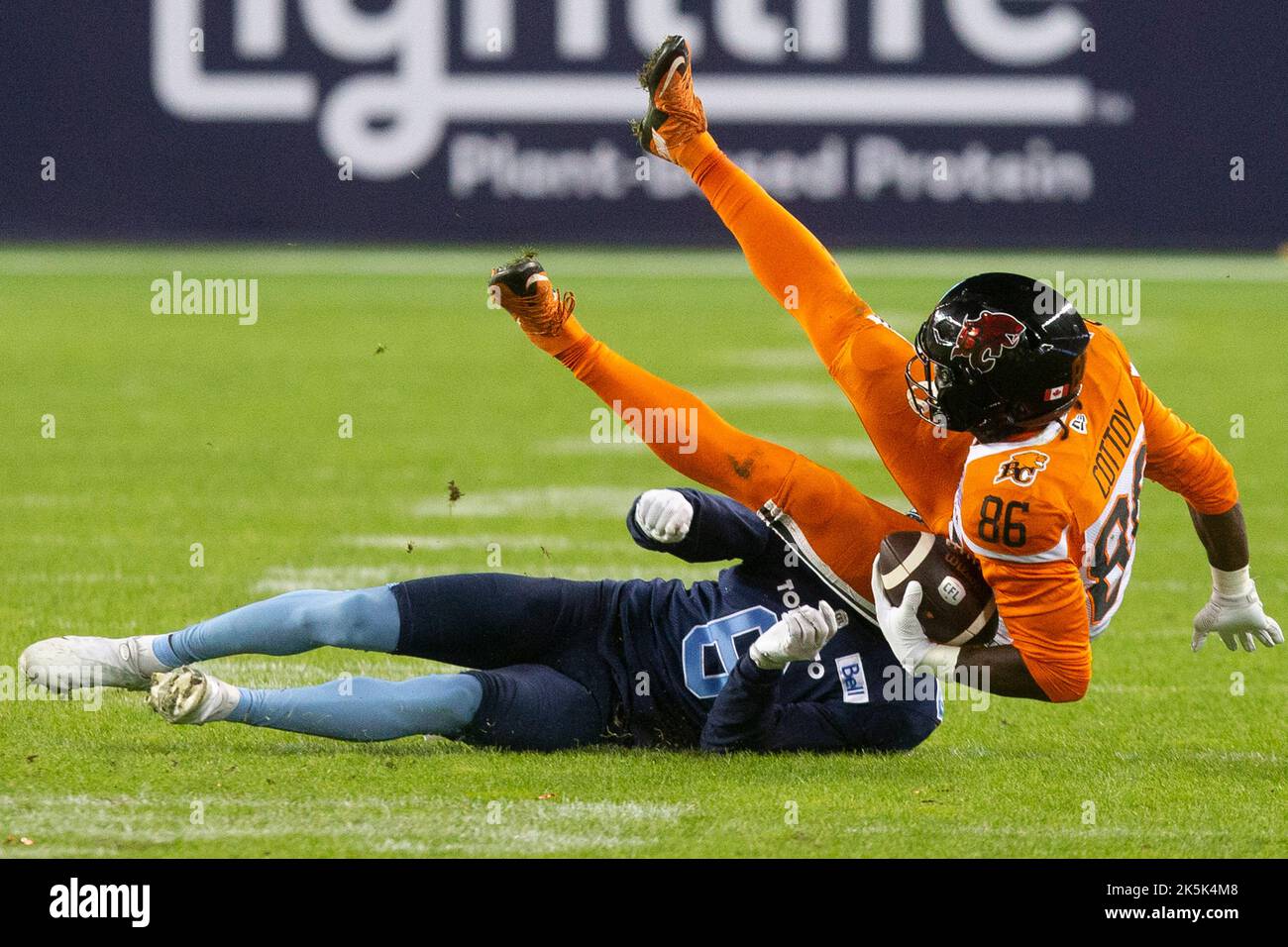 B.C. Lions wide receiver Jevon Cottoy is tackled by Toronto Argonauts ...