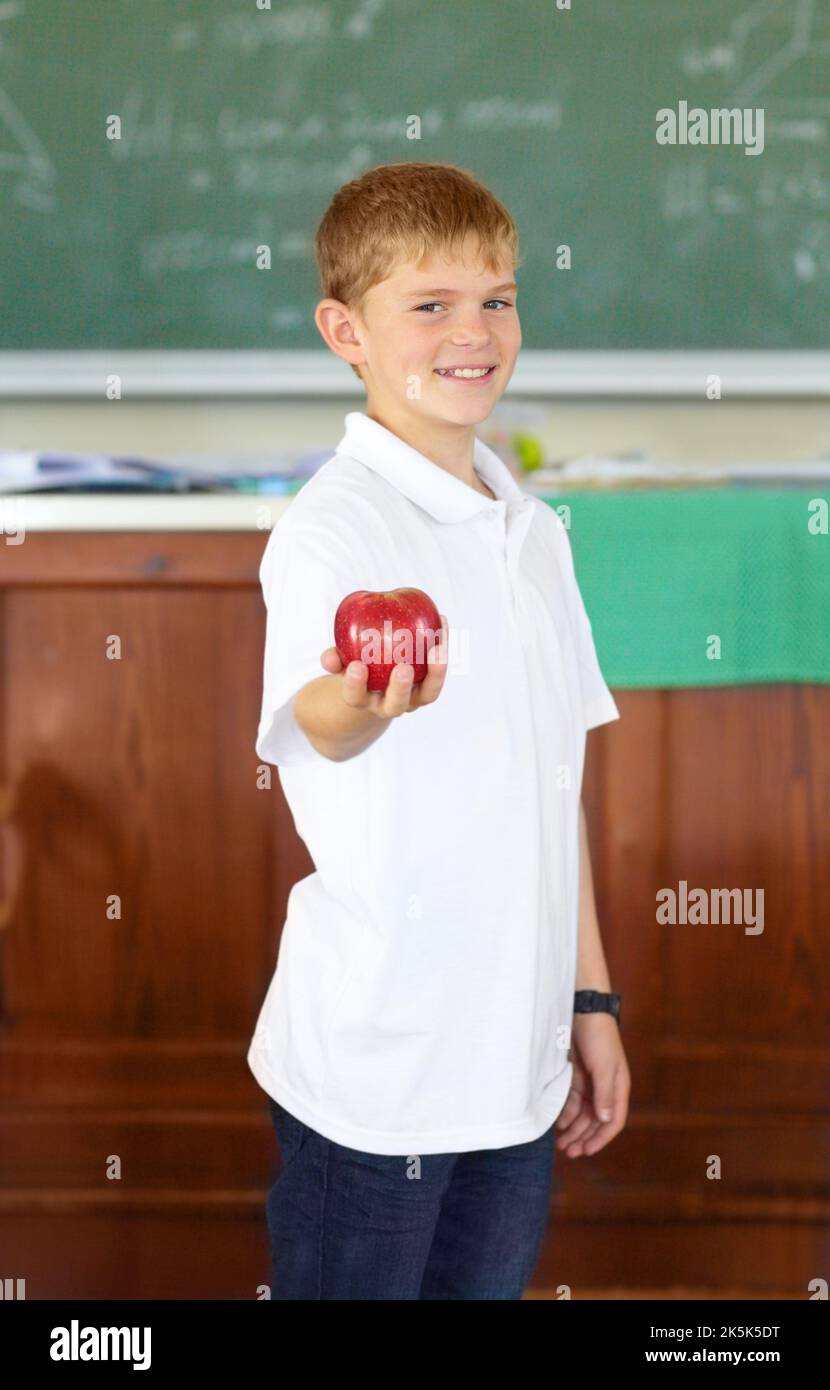 Teachers pet. Cute young schoolboy holding an apple in the classroom ...