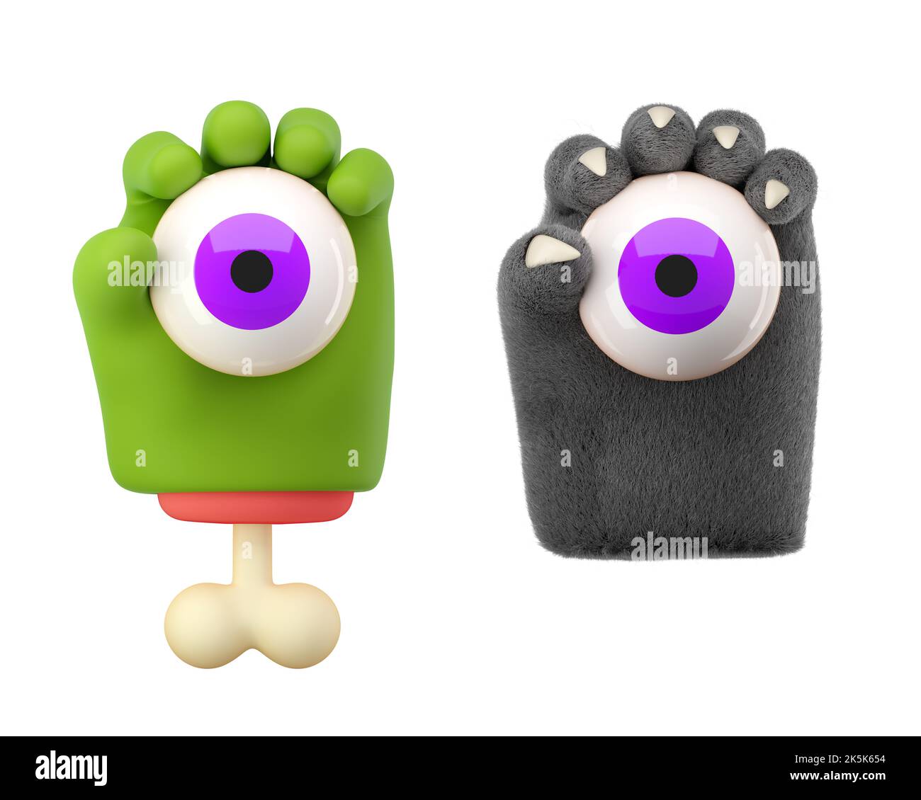 3d furry wolf and zombie hands holding eyeball set in plastic cartoon ...