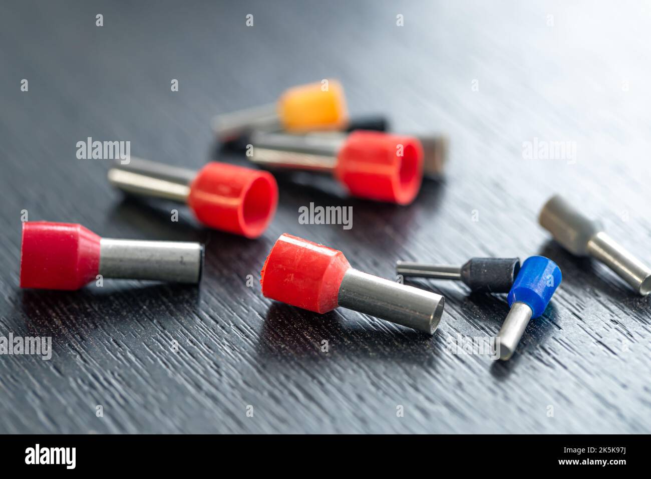 Coloured sleeves, crimp terminals for different wire sizes Stock Photo ...