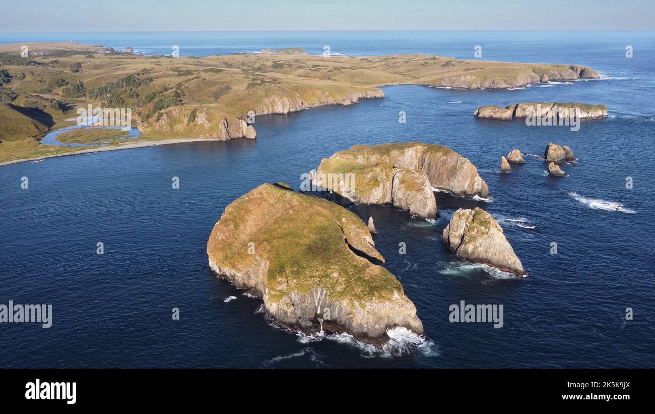 Aerial view of an unnamed bay on the island of Shikotan, Kuril Islands ...