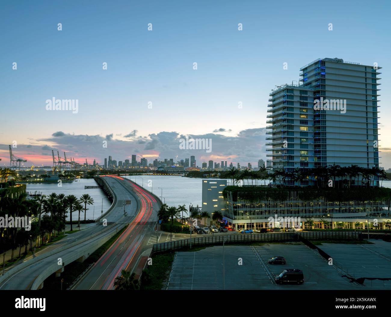 The light trails of cars on MacArthur Causeway bridge and the Miami ...