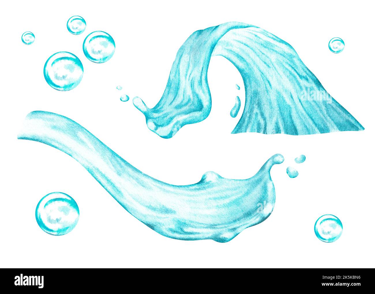Waves and splashes of water with soap bubbles. Watercolor illustration ...