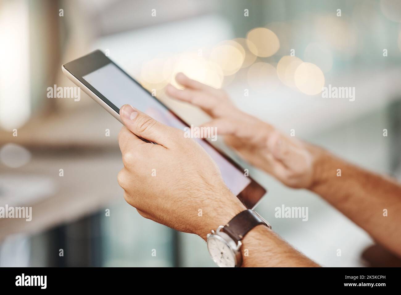 Hands, tablet and social media man search, communication and chat on ...