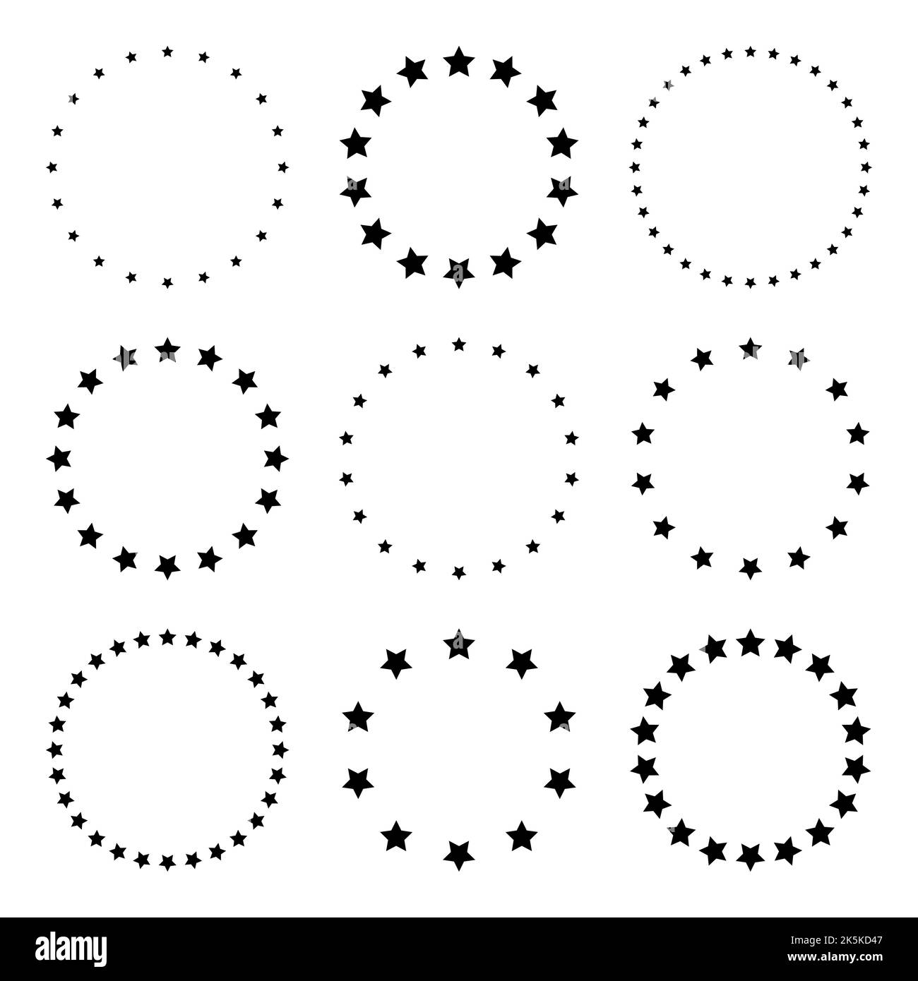 Stars of various sizes arranged in a circle. Round frame, border. Black ...