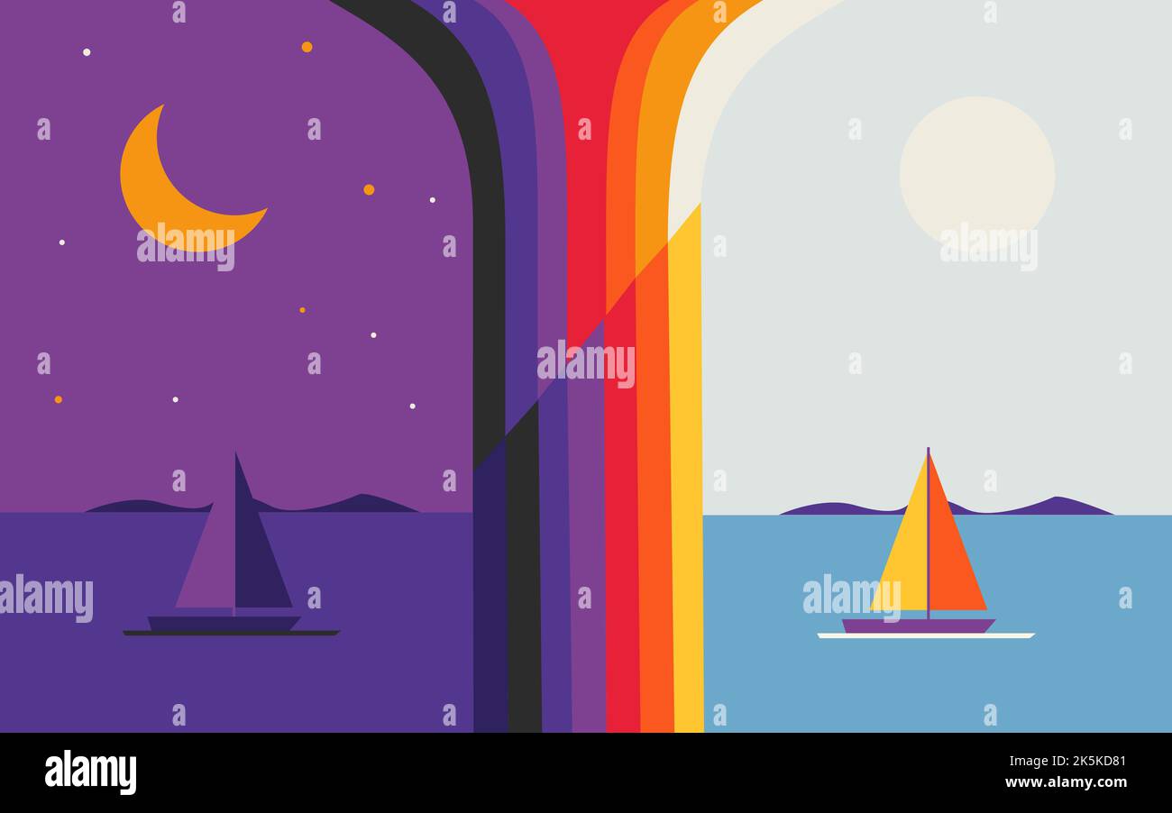 Vector illustration concept of day and night. The boat sails on the sea ...