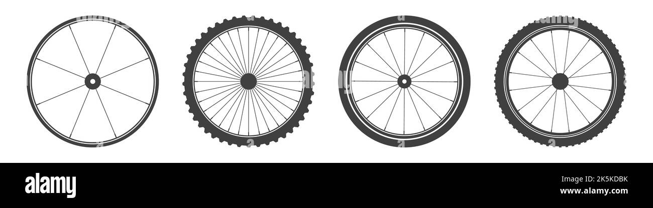 Black bicycle wheel symbols collection. Bike rubber tyre silhouettes ...