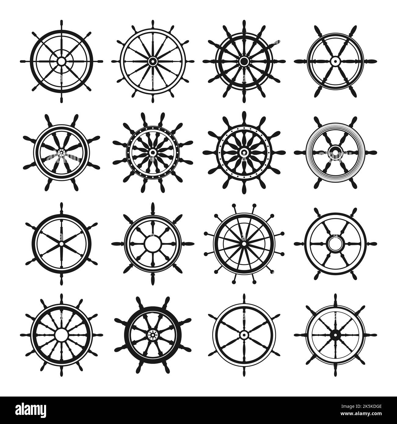 Collection of vintage steering wheels. Ship, yacht retro wheel symbol ...