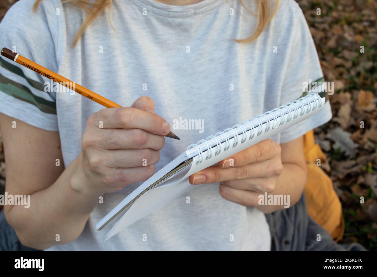 Woman holding sketchbook and a pencil outdoors. Close-up of hands with ...