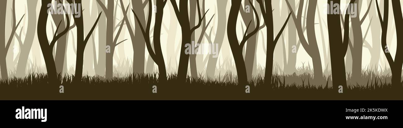 Wild forest with various coniferous or deciduous trees. Wide horizontal ...