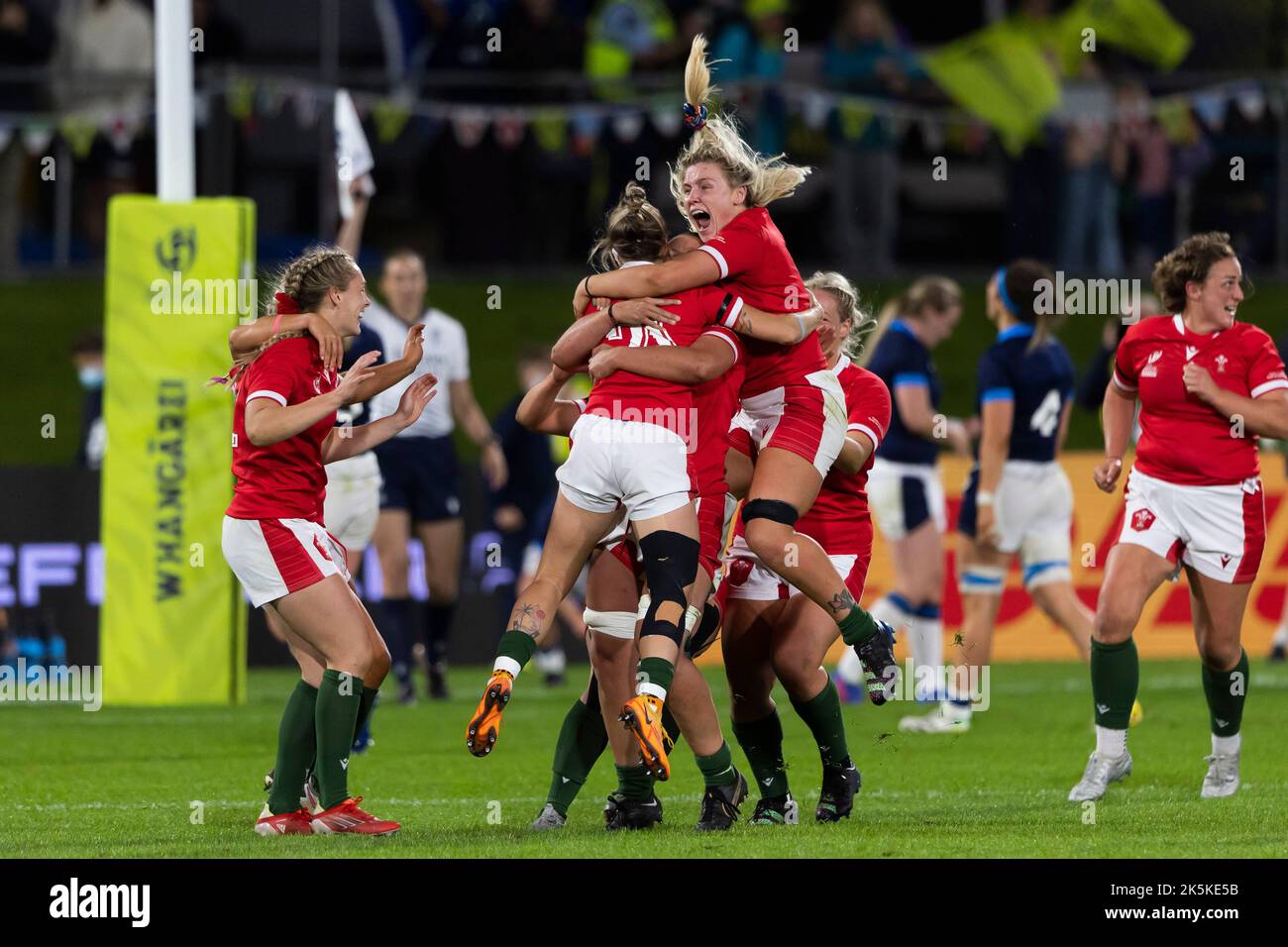 Wales players celebrates after Keira Bevan (21) kicked the winning ...