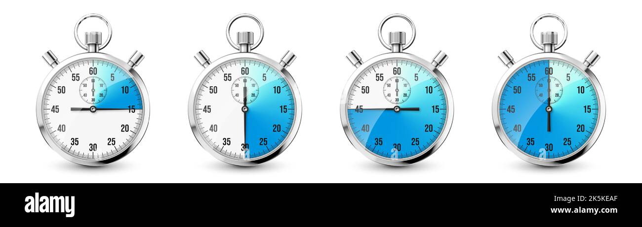 Realistic classic stopwatch icons. Shiny metal chronometer, time ...