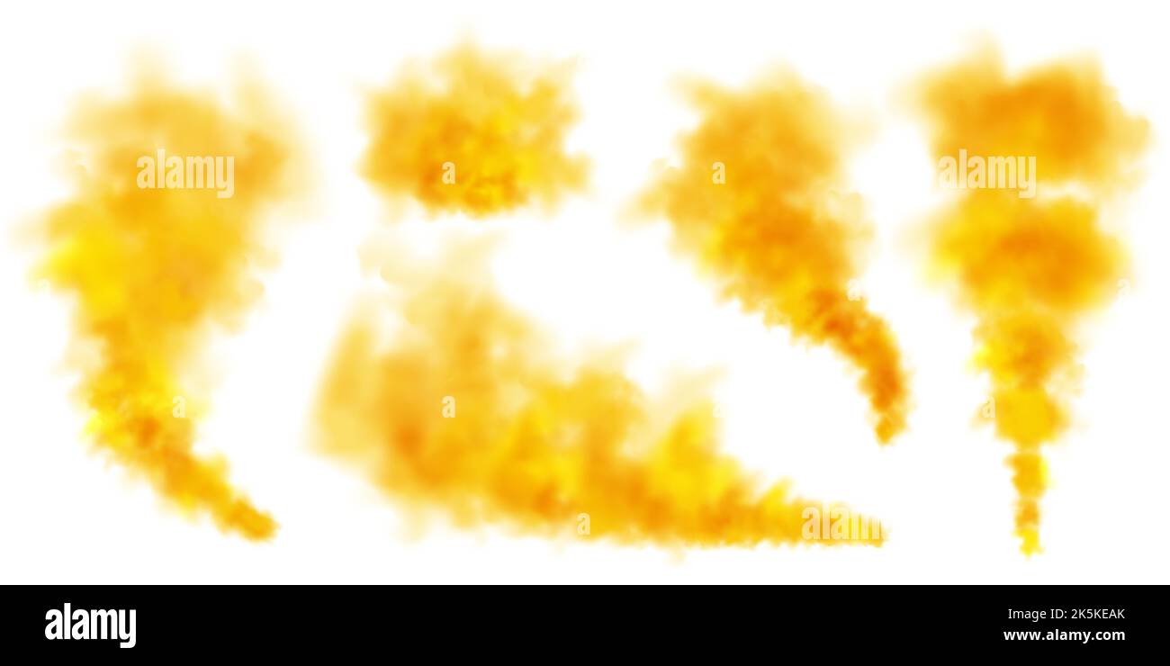 Yellow colorful smoke clouds isolated on white background, realistic ...
