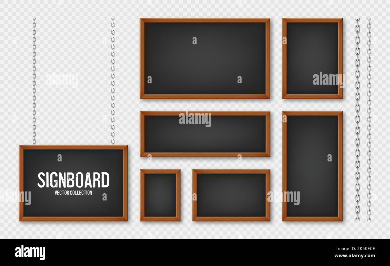 Signboards in a wooden frame hanging on a metal chain. Restaurant menu ...