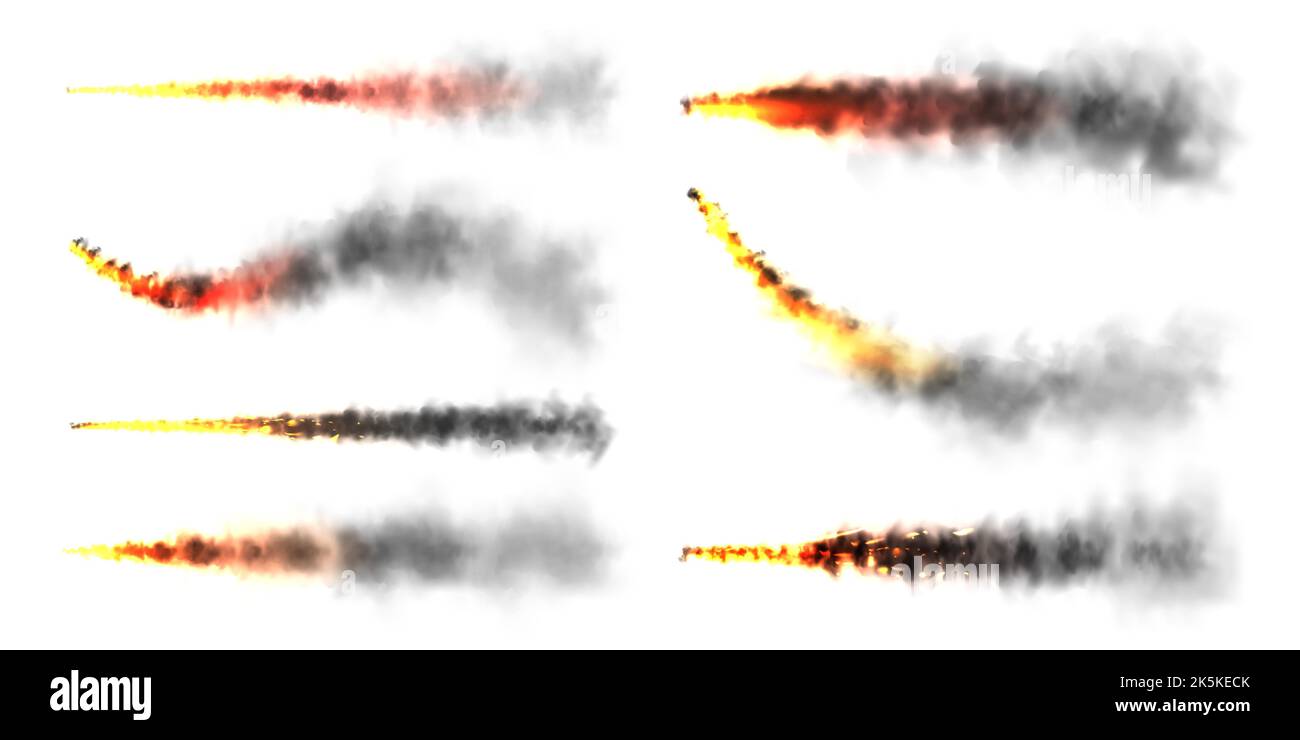 Realistic black smoke with fire, space rocket launch trails. Fire burst ...