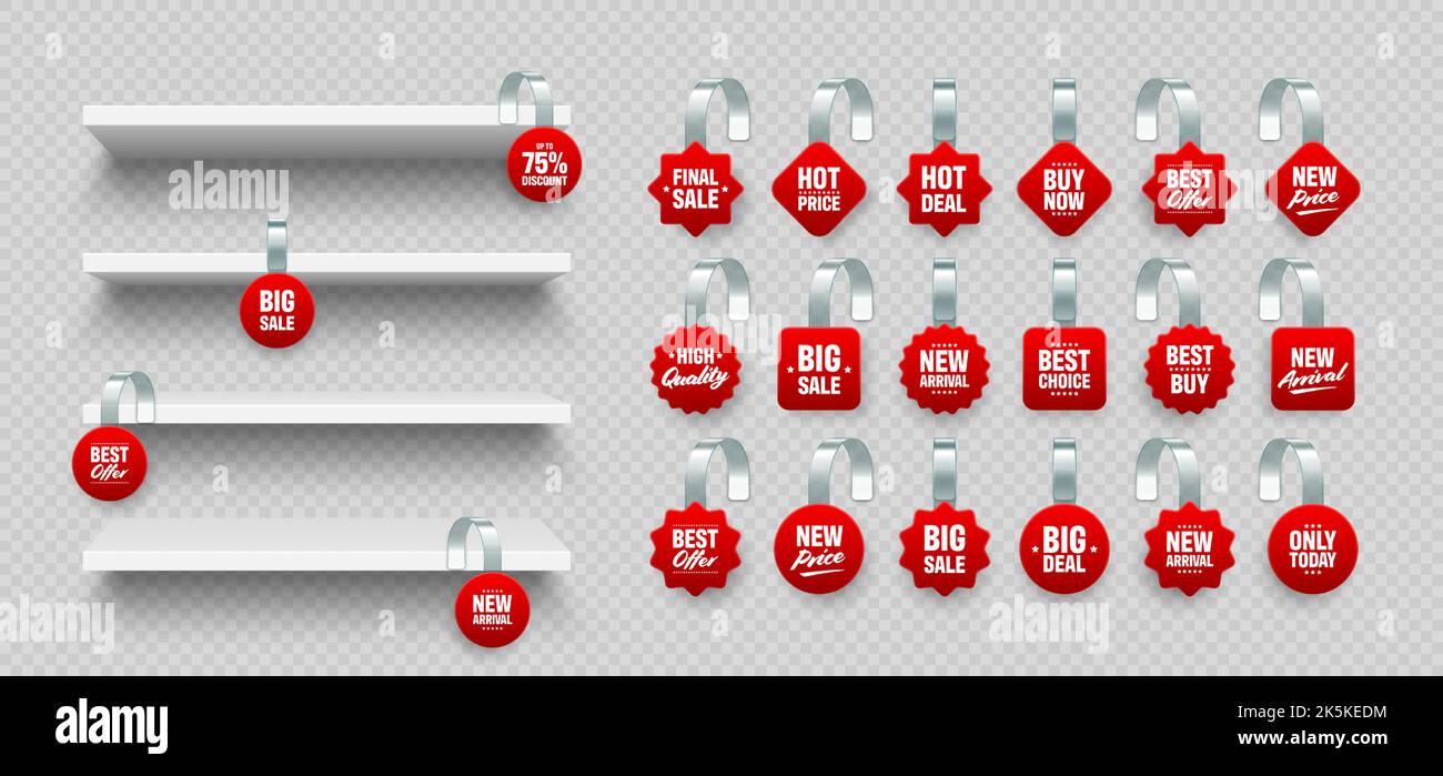 Store shelves with supermarket promotional wobblers. Product shelf and ...