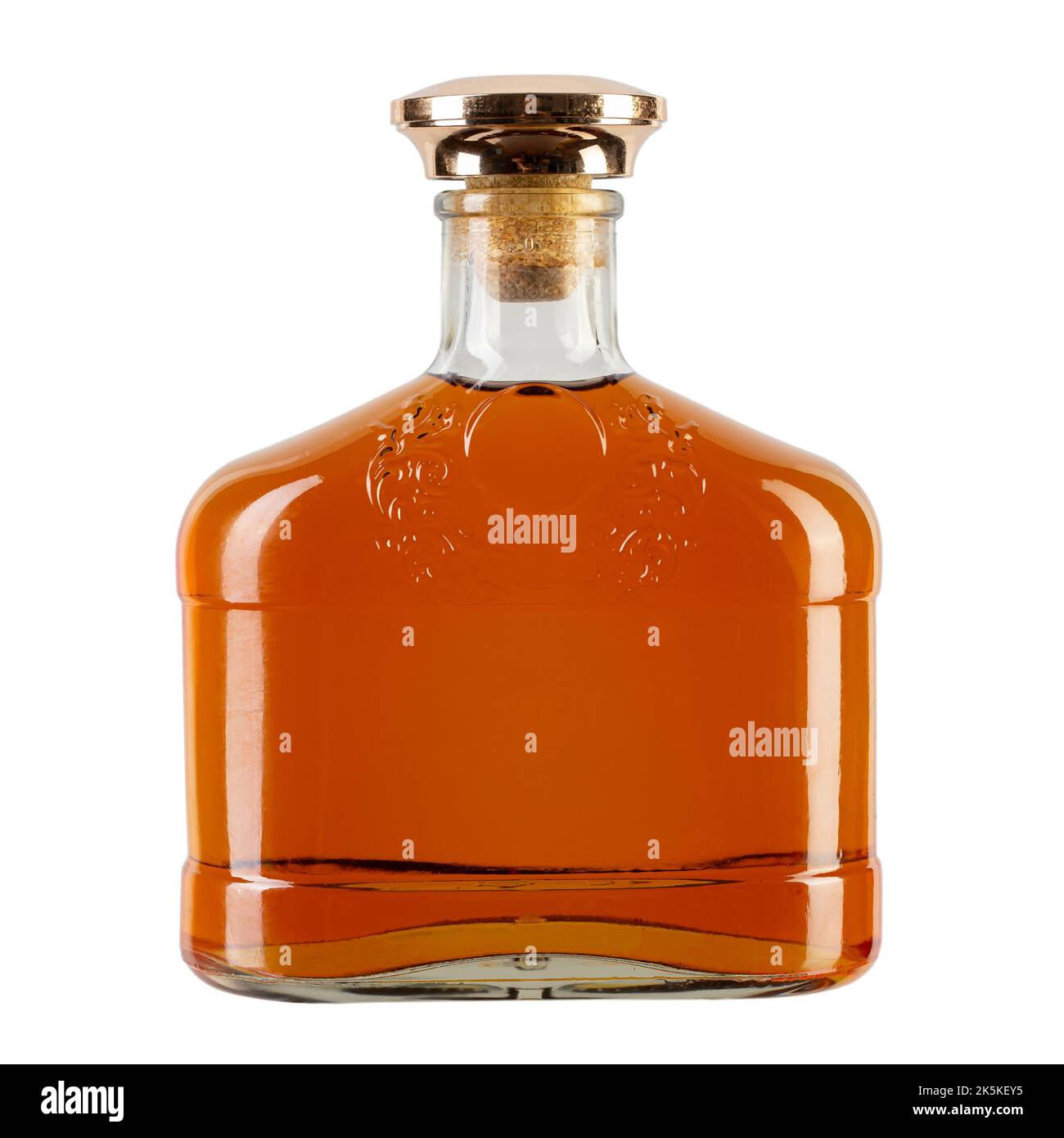 Full bottle of strong alcohol whiskey or cognac isolated on white ...