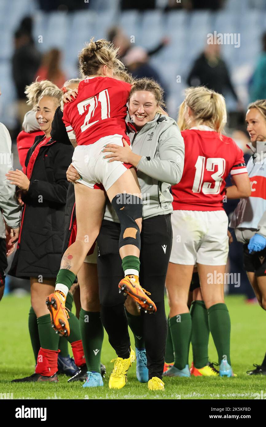 Keira Bevan of Wales celebrates during the Women's Rugby World Cup ...