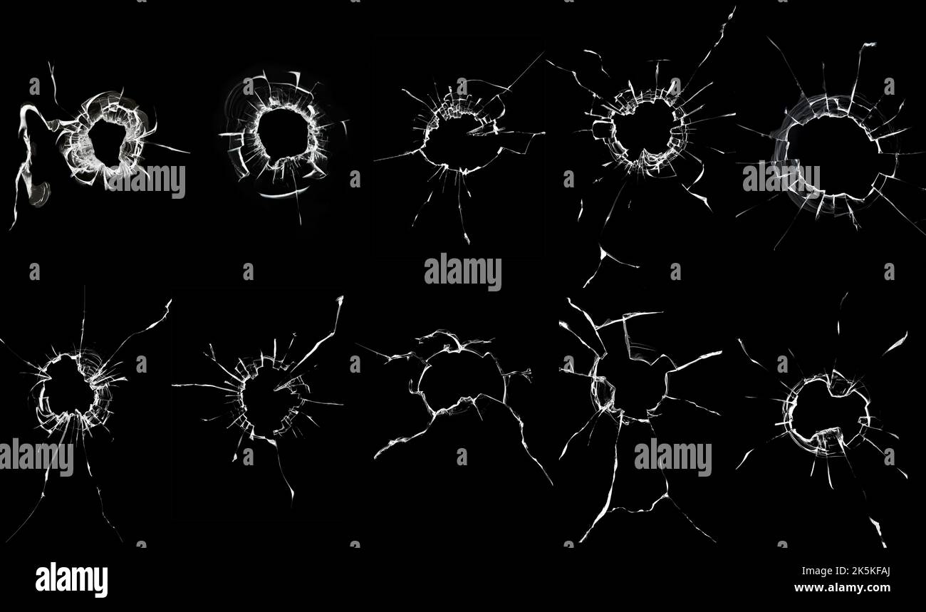 Set of cracked and chipped broken glass on black background. Abstract ...