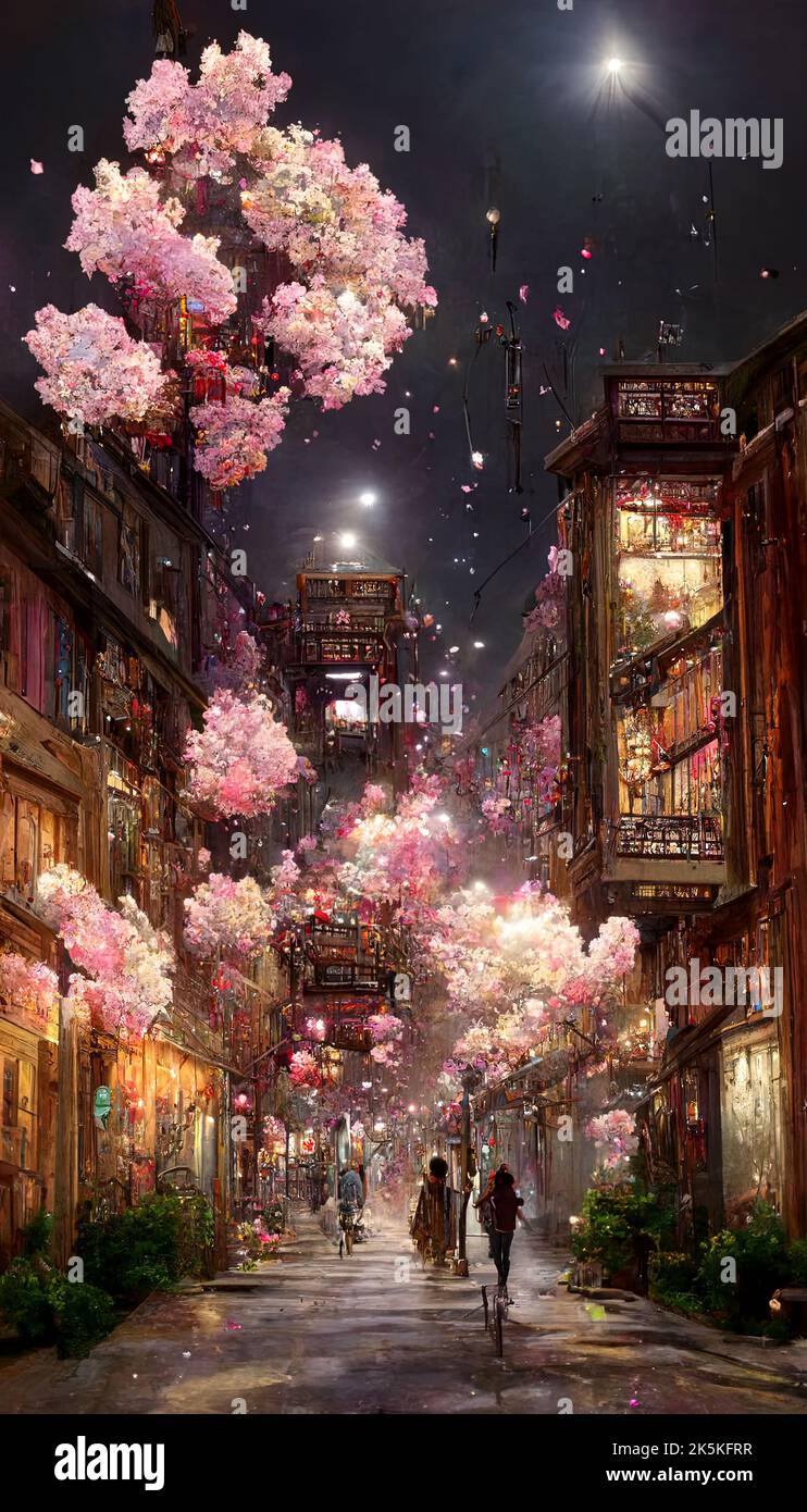 A beautiful digital drawing of people walking between houses with ...