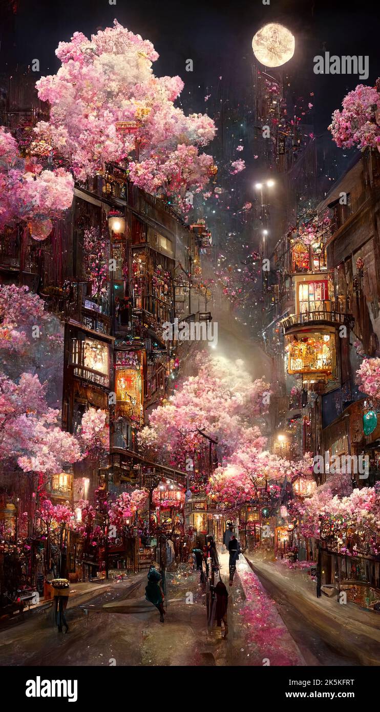 A beautiful digital drawing of people walking between houses with ...