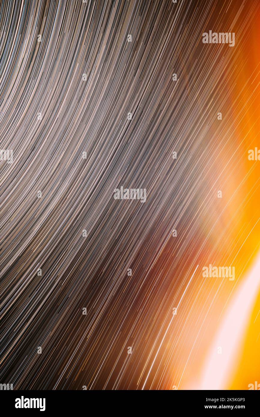 Meteors Trace On Night Dark Blue Sky Background. Spin Of Unusual ...