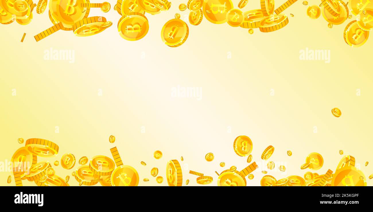 Bitcoin coins falling. Cryptocurrency scattered gold BTC coins ...