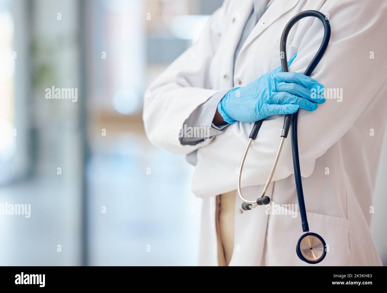 Medical hands, healthcare and doctor with stethoscope in hand of nurse ...