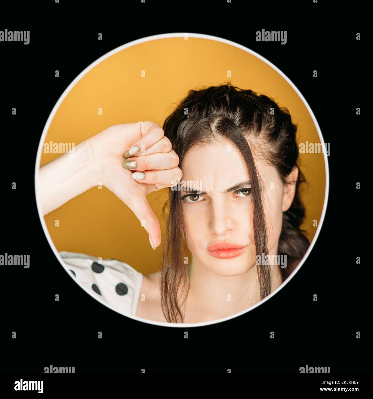 Dislike gesture. Skeptic woman portrait. Refusal sign. Wrong choice ...