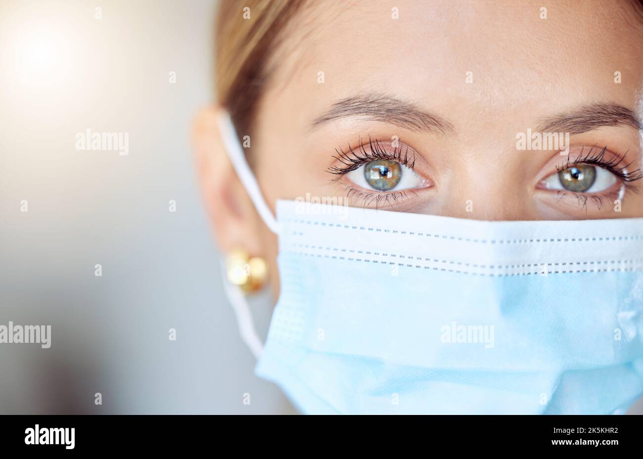 Health, wellness and covid face mask of a young woman safety and head ...