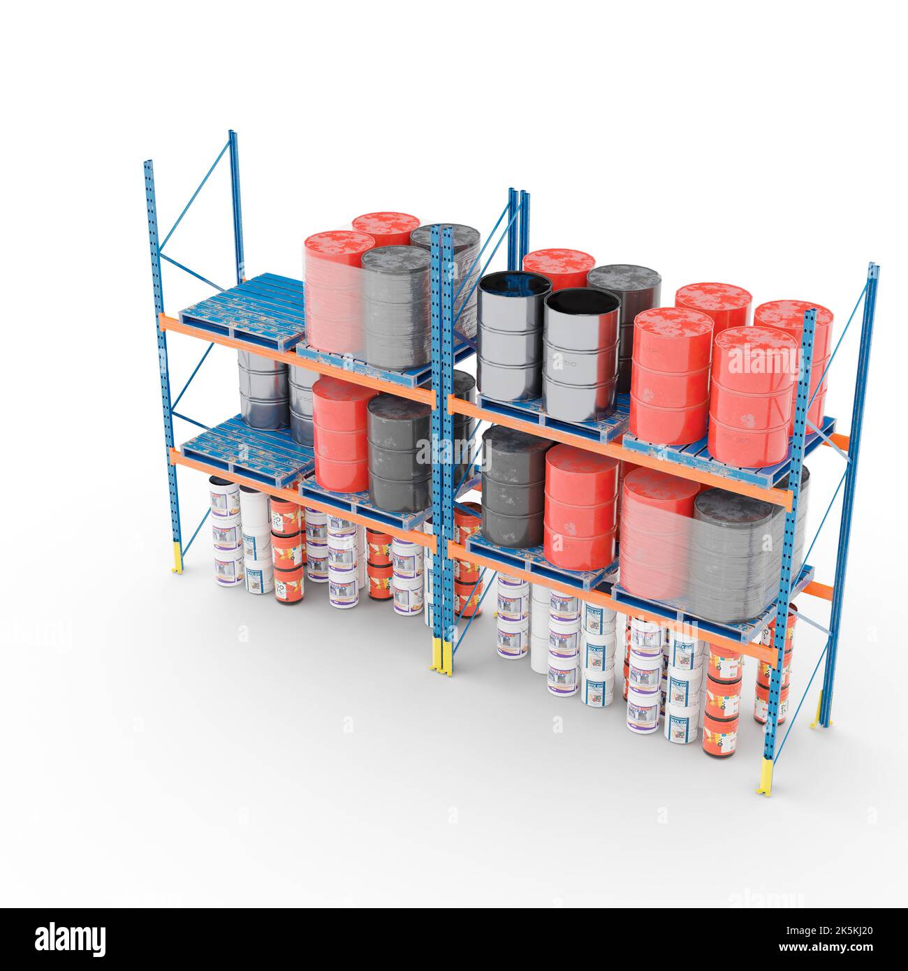 A closeup of containers and paint buckets on metal racks Isolated on a ...