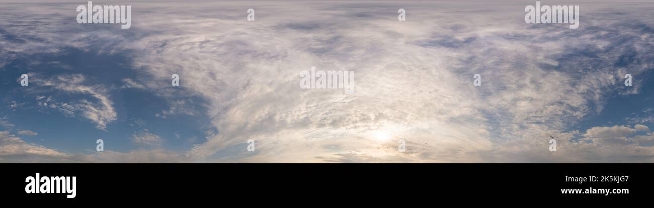 Dark blue sunset sky panorama with golden Cumulus clouds. Seamless hdr ...
