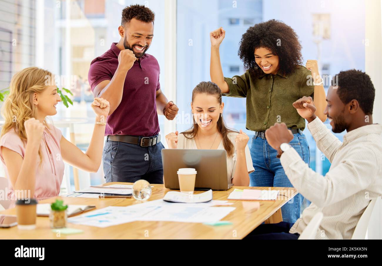 Happy team celebrate success, sales target business meeting with laptop ... Happy team celebrate success, sales target business meeting with laptop ...