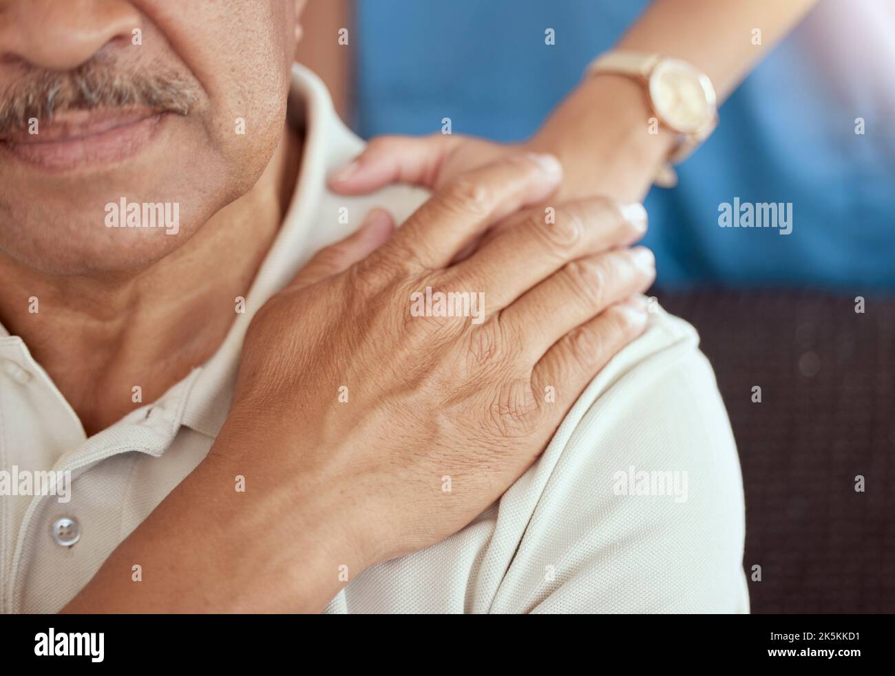 Senior man, caregiver and hands on shoulder for support, trust and empathy at retirement or ...