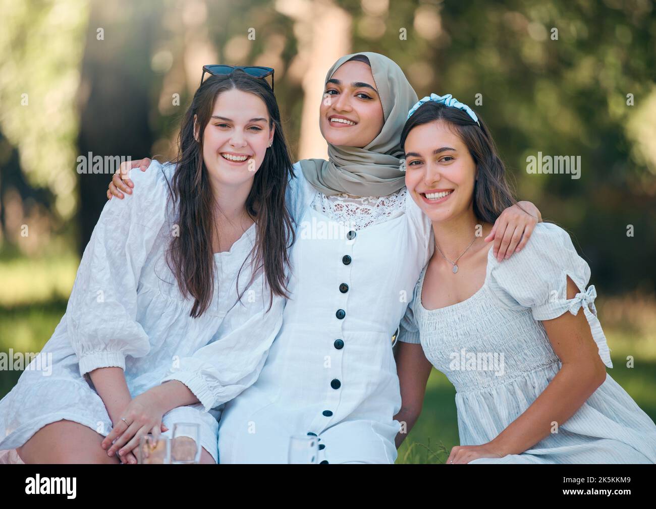 Love, friends and girl portrait at park for social get together outdoor ...