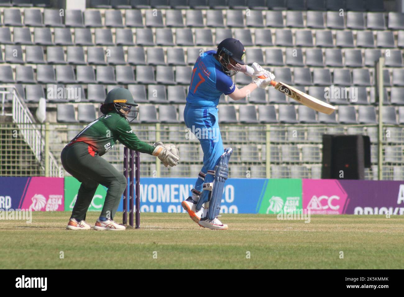 Non Exclusive: October 7, 2022, Sylhet, Bangladesh: Shafali Verma of India Women team is lean on ...