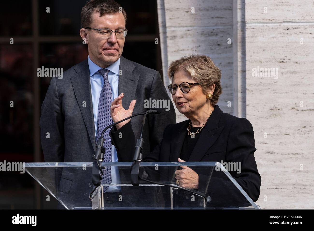 Henry Timms and Deborah Borda speak during reopening ceremony and ...