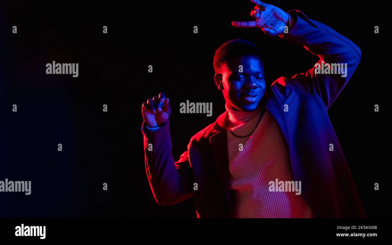 cyberpunk party neon dance night club banner man Stock Photo - Alamy