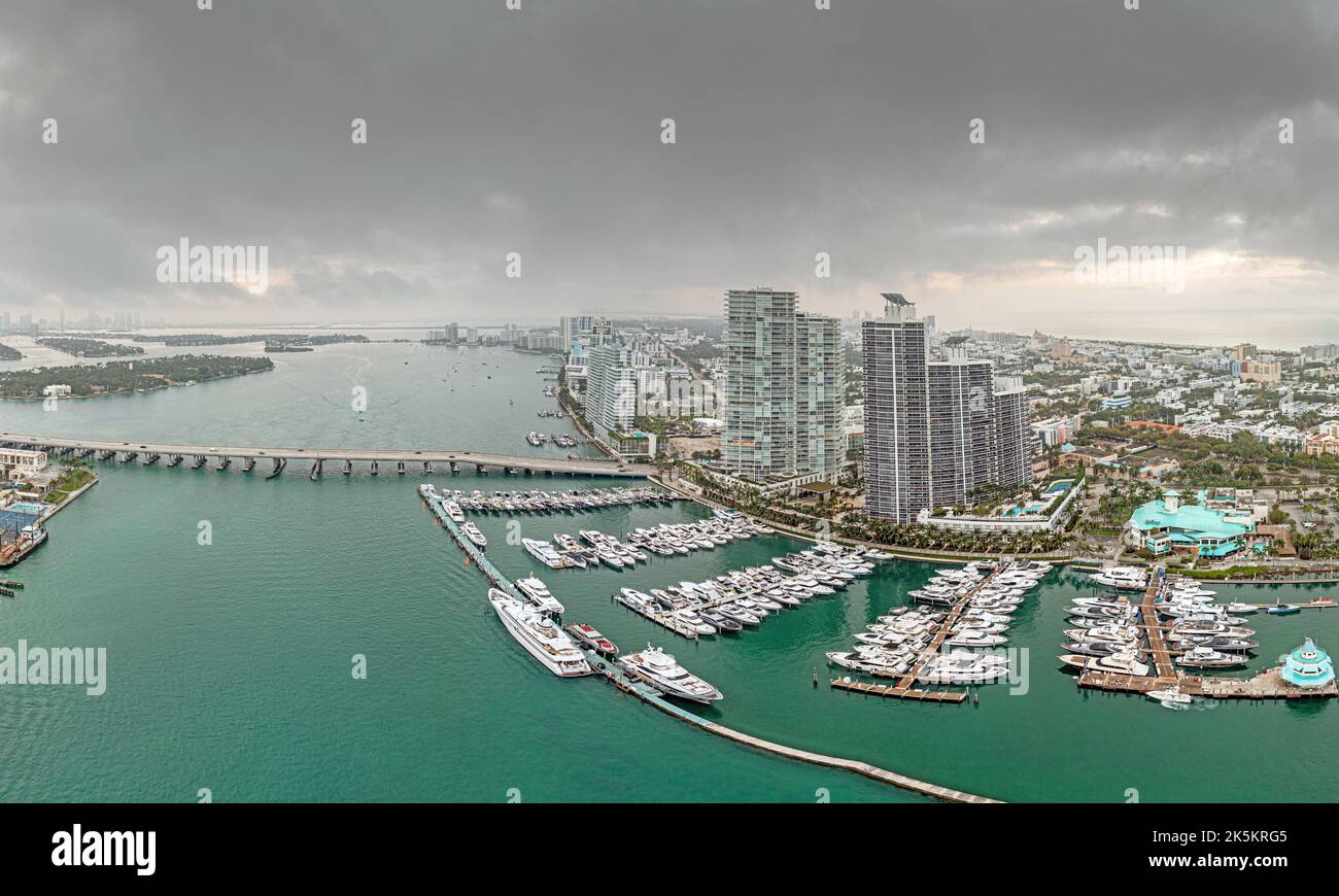 Drone panorama over Miami Beach skyline at dusk Stock Photo - Alamy