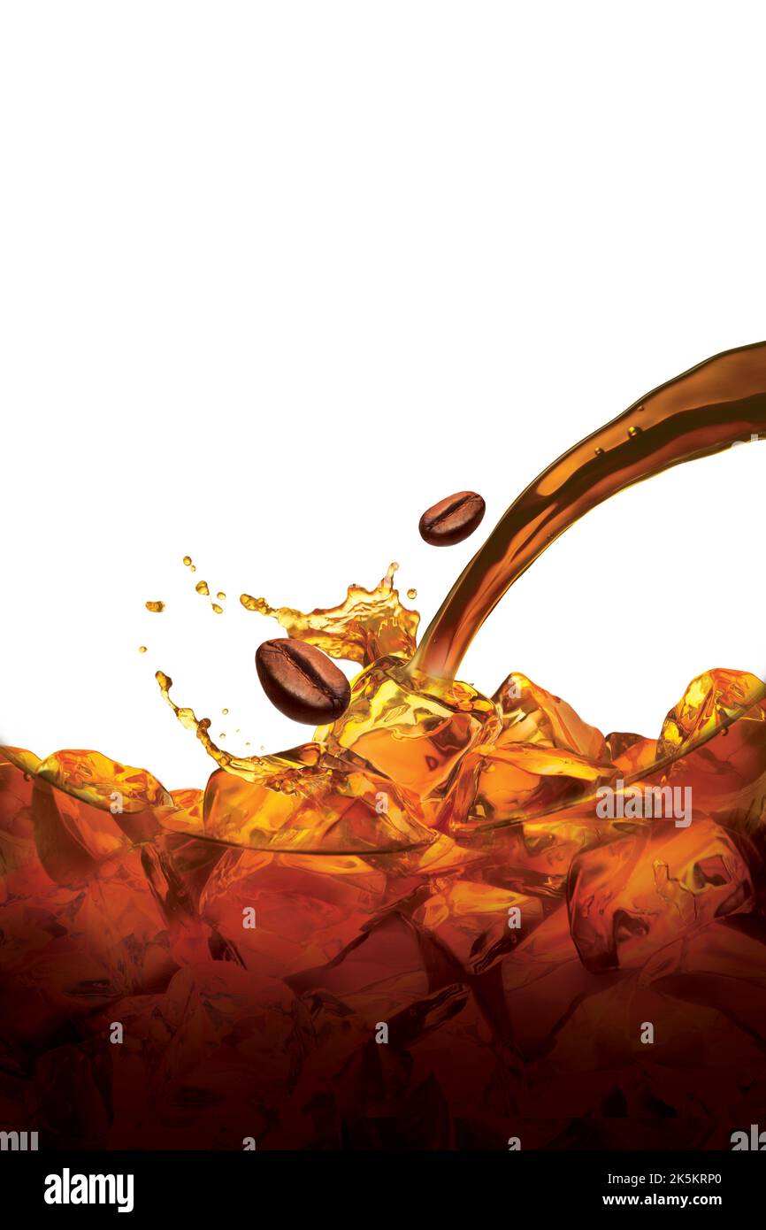 Iced coffee splash, coffee bean, ice, isolated on white background ...
