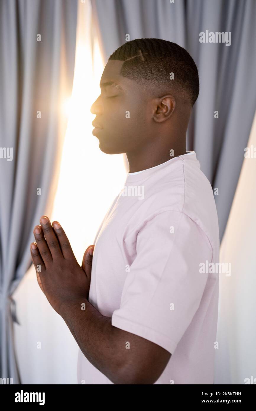 morning yoga calm black man home practice peaceful Stock Photo - Alamy