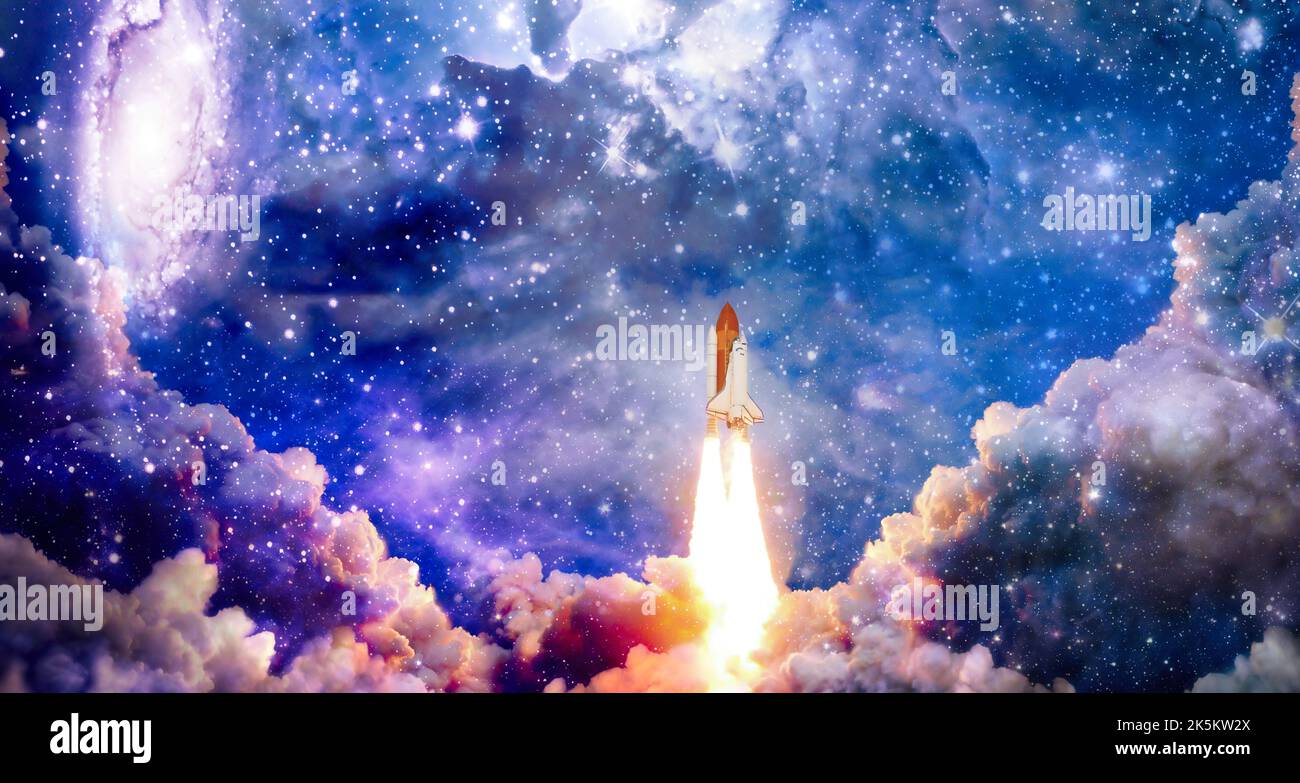 shuttle launch in the clouds to outer space. Dark space with stars on ...