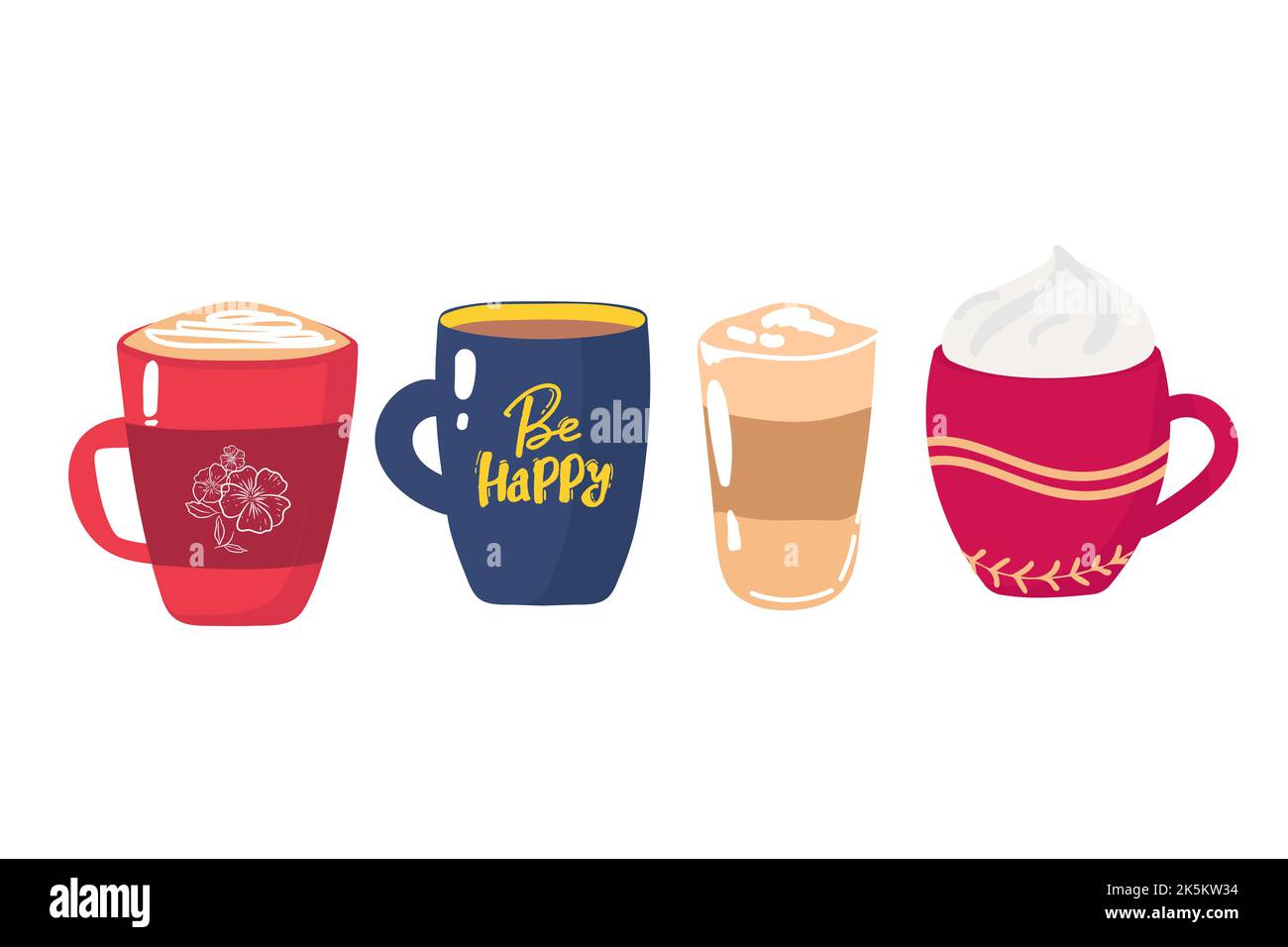 Colorful porcelain coffee and tea cup cartoon illustration set. Ceramic ...